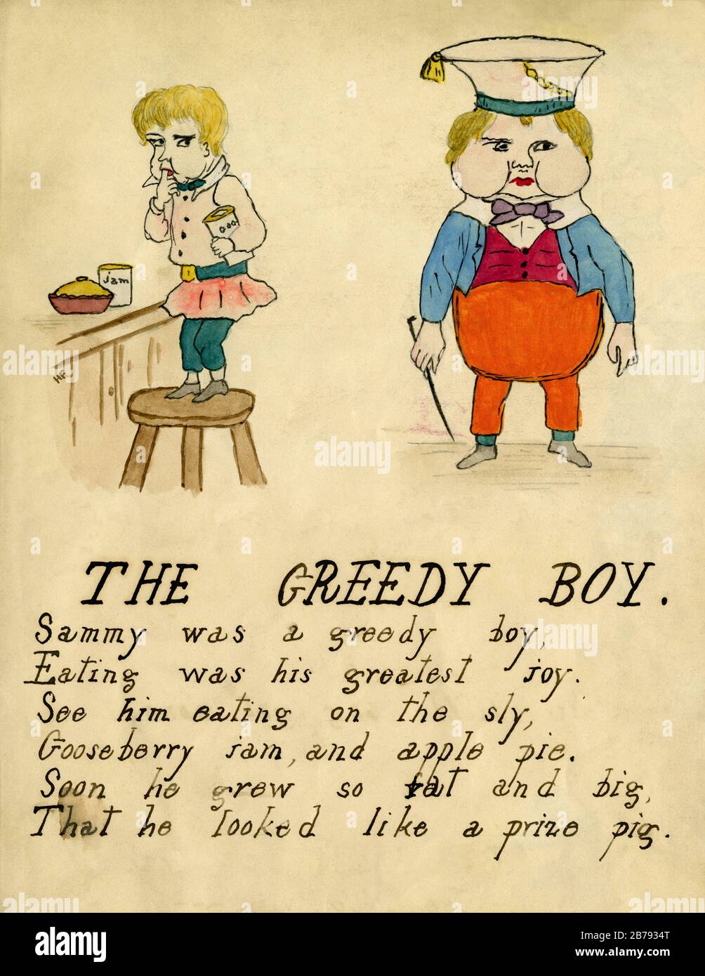Greedy Boy cautionary tale. Page of watercolour painting and ...
