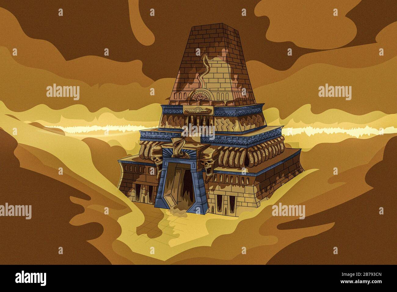 A pyramid of evil covered by sand during a sandstorm in the desert ...