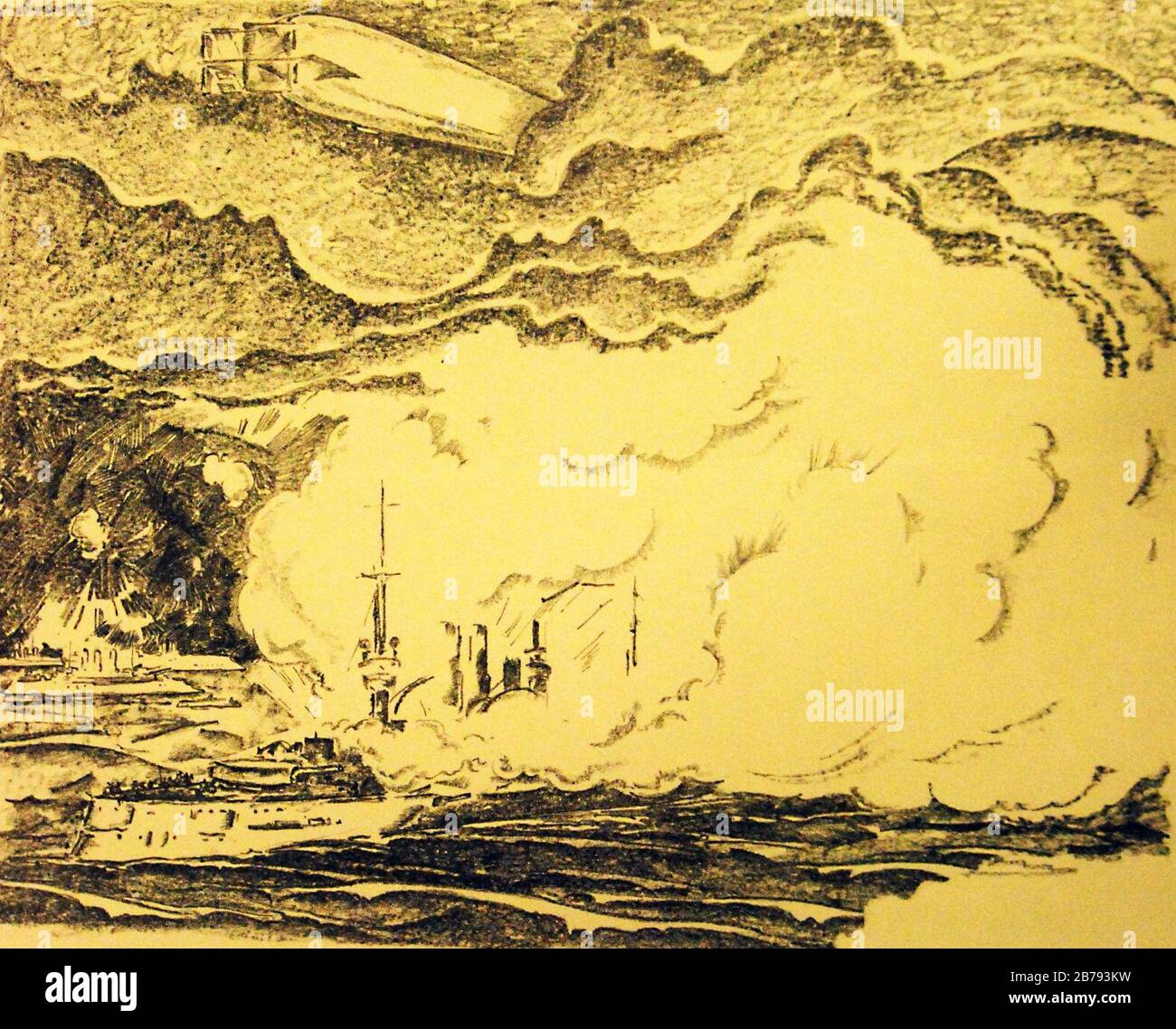 German airship above a warship, artwork by Will Geiger (31999119312 ...