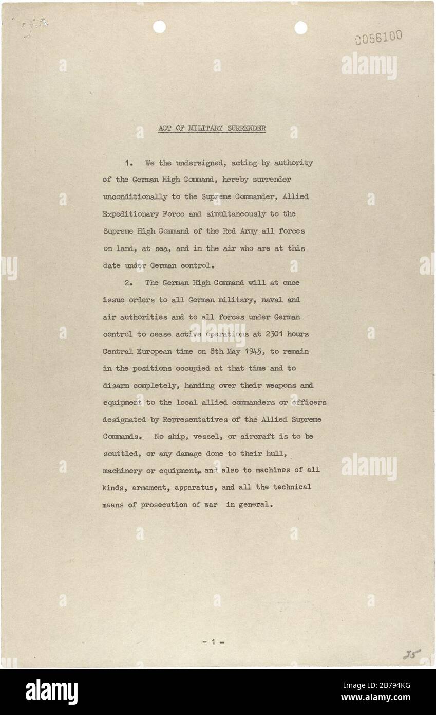 German Instrument of Surrender (May 8, 1945) - page 1 Stock Photo - Alamy