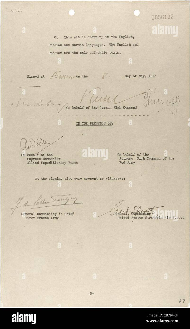 German Instrument of Surrender (May 8, 1945) - page 3 Stock Photo - Alamy