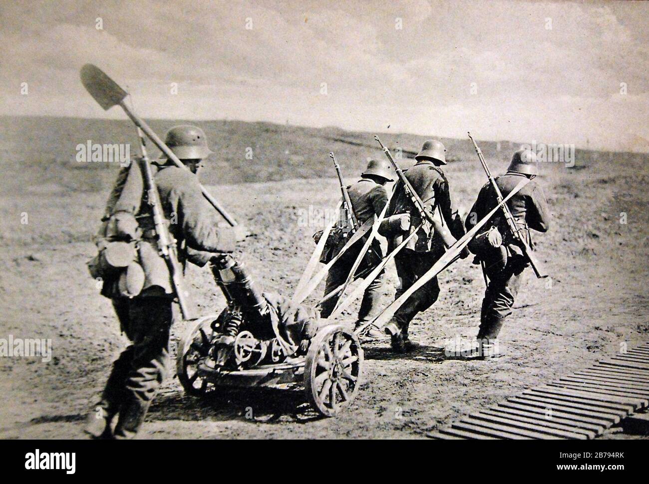 German mine throwing machine being moved into position at Ypres ...