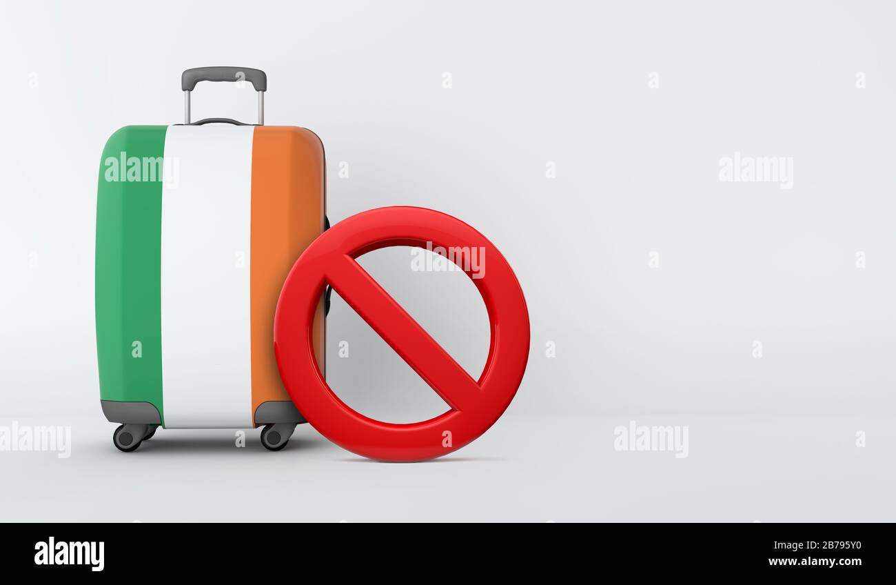 Ireland flag suitcase with no entry sign. Travel ban concept. 3D Render ...