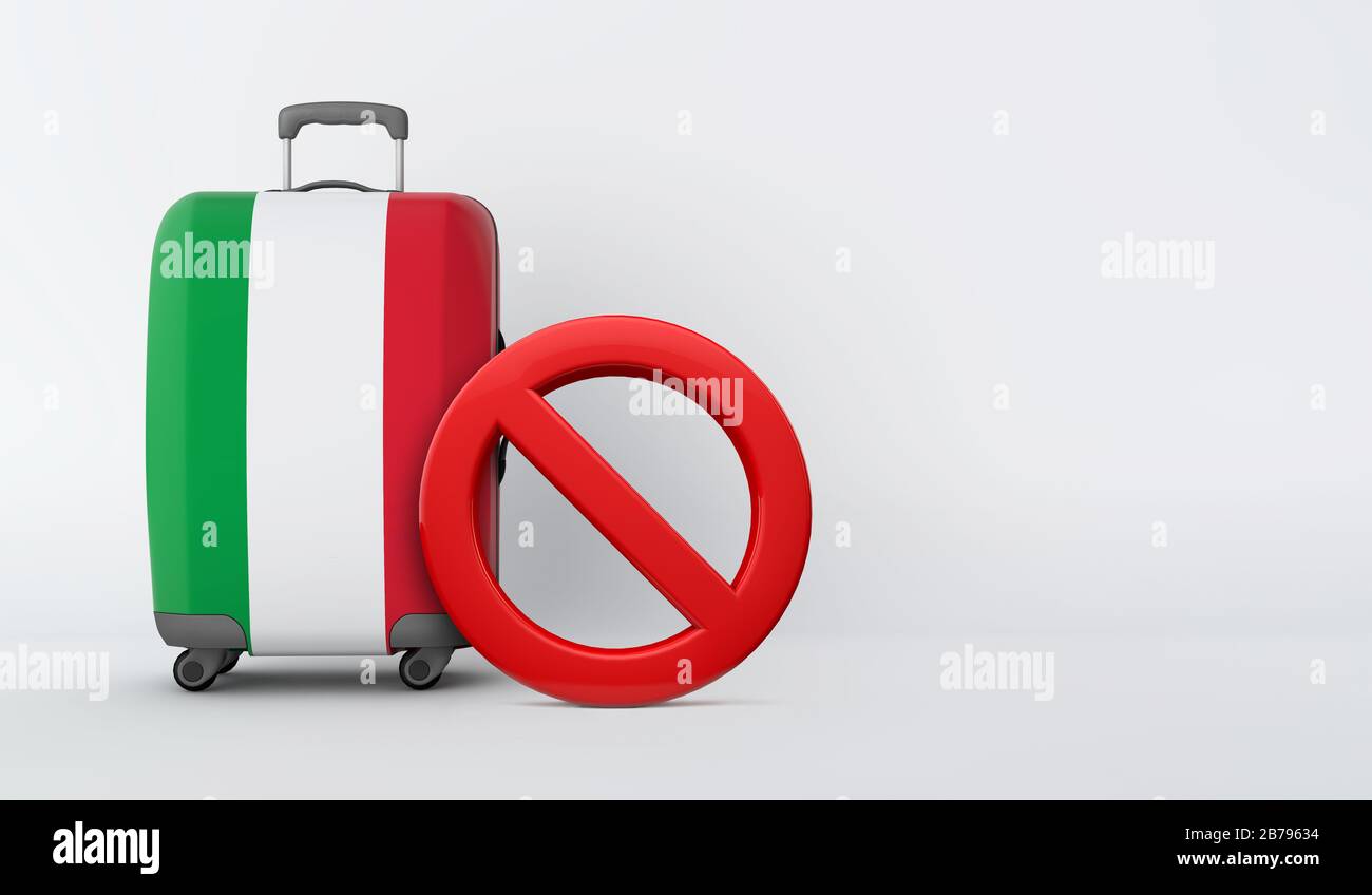 Italy flag suitcase with no entry sign. Travel ban concept. 3D Render ...