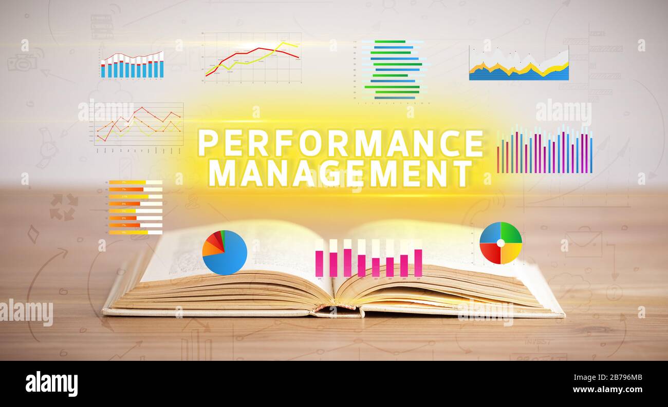 Open book with PERFORMANCE MANAGEMENT inscription, new business concept ...