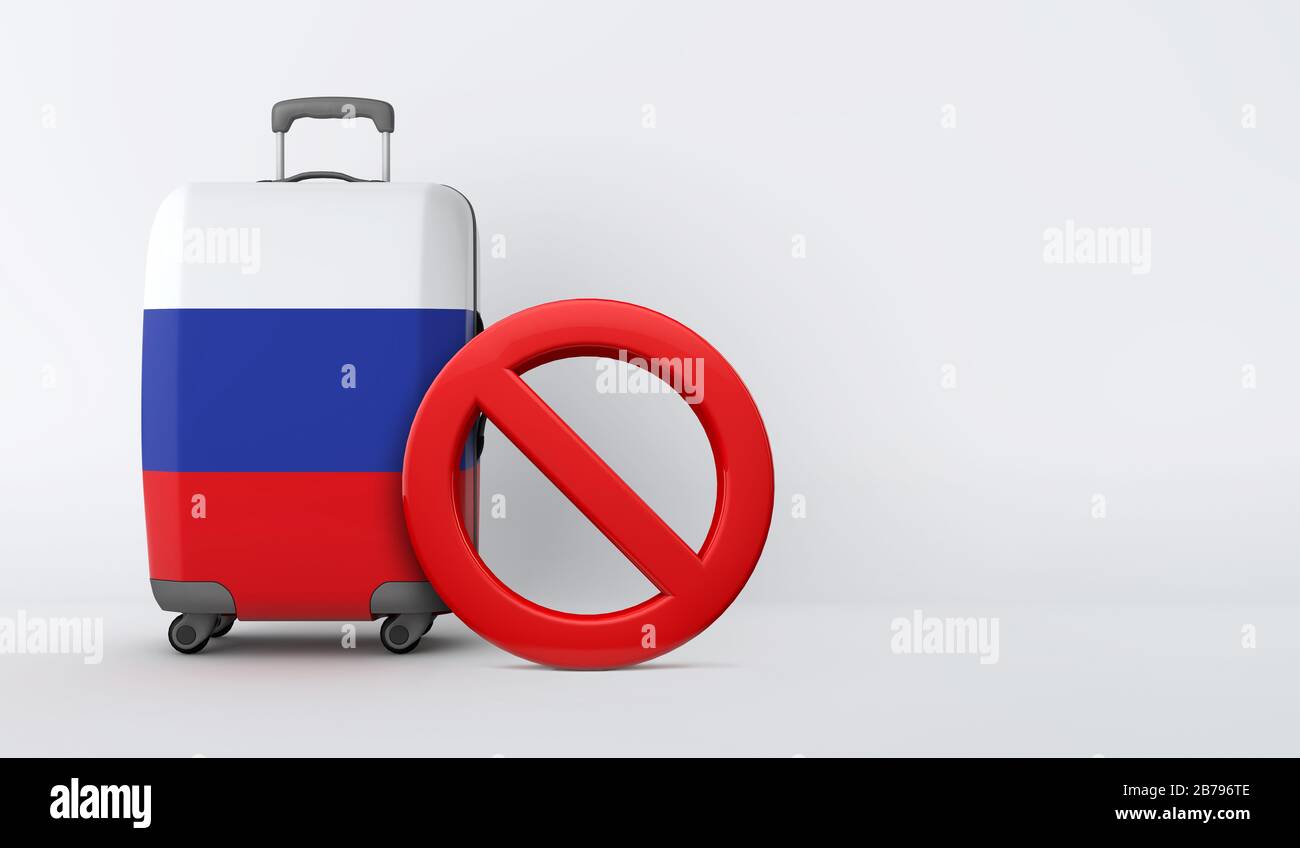 Russia flag suitcase with no entry sign. Travel ban concept. 3D Render ...