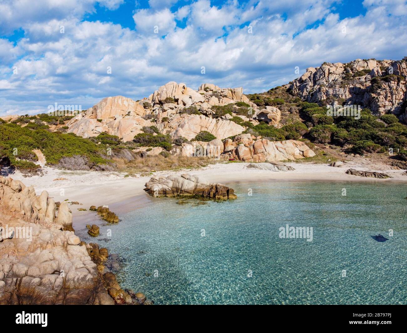 AERIAL VIEW OF CALA NAPOLETANA BEACH IN CAPRERA,SARDINIA Stock Photo ...