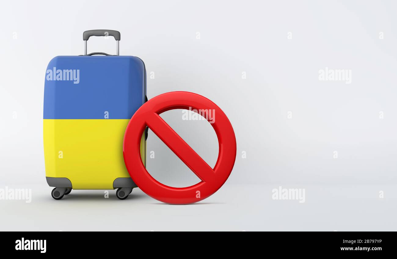 Ukraine flag suitcase with no entry sign. Travel ban concept. 3D Render ...