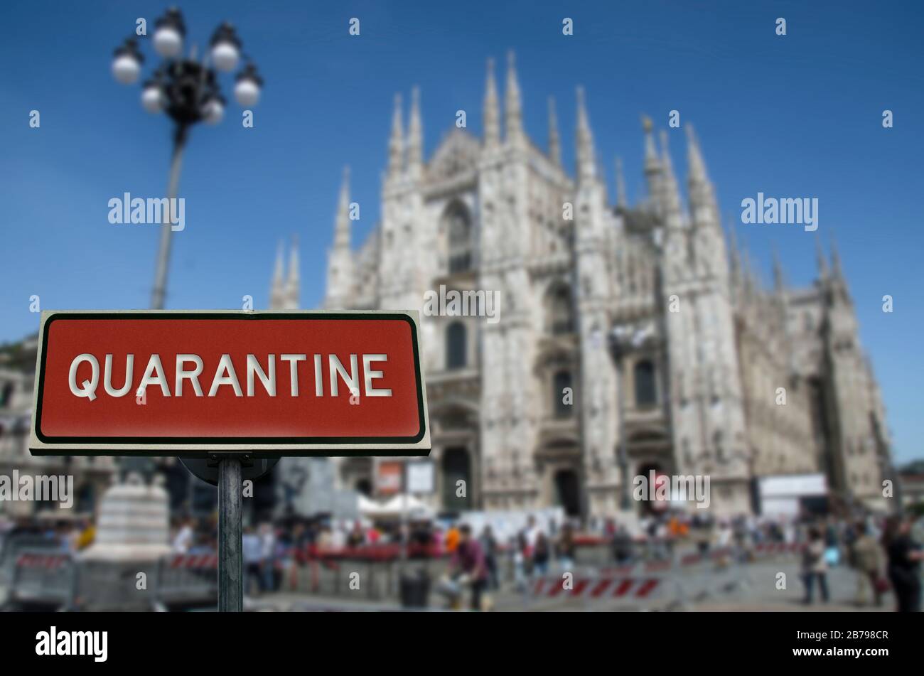Quarantine sign with city center in Milan, Italy. Warning about ...