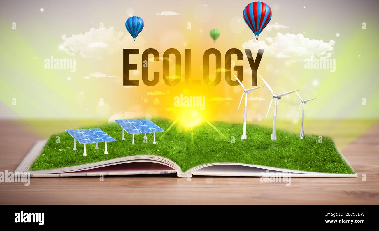 Open book with ECOLOGY inscription, renewable energy concept Stock ...