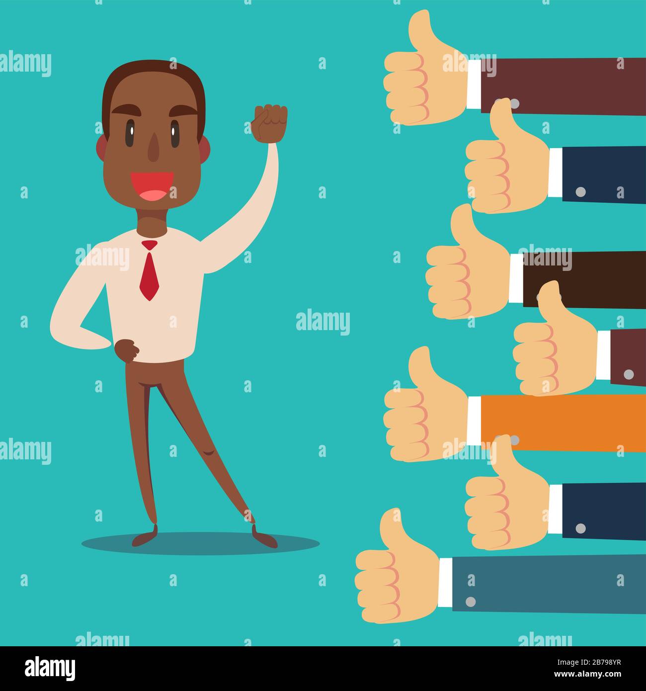 Happy and proud businessman with many thumbs up hands around him Stock ...