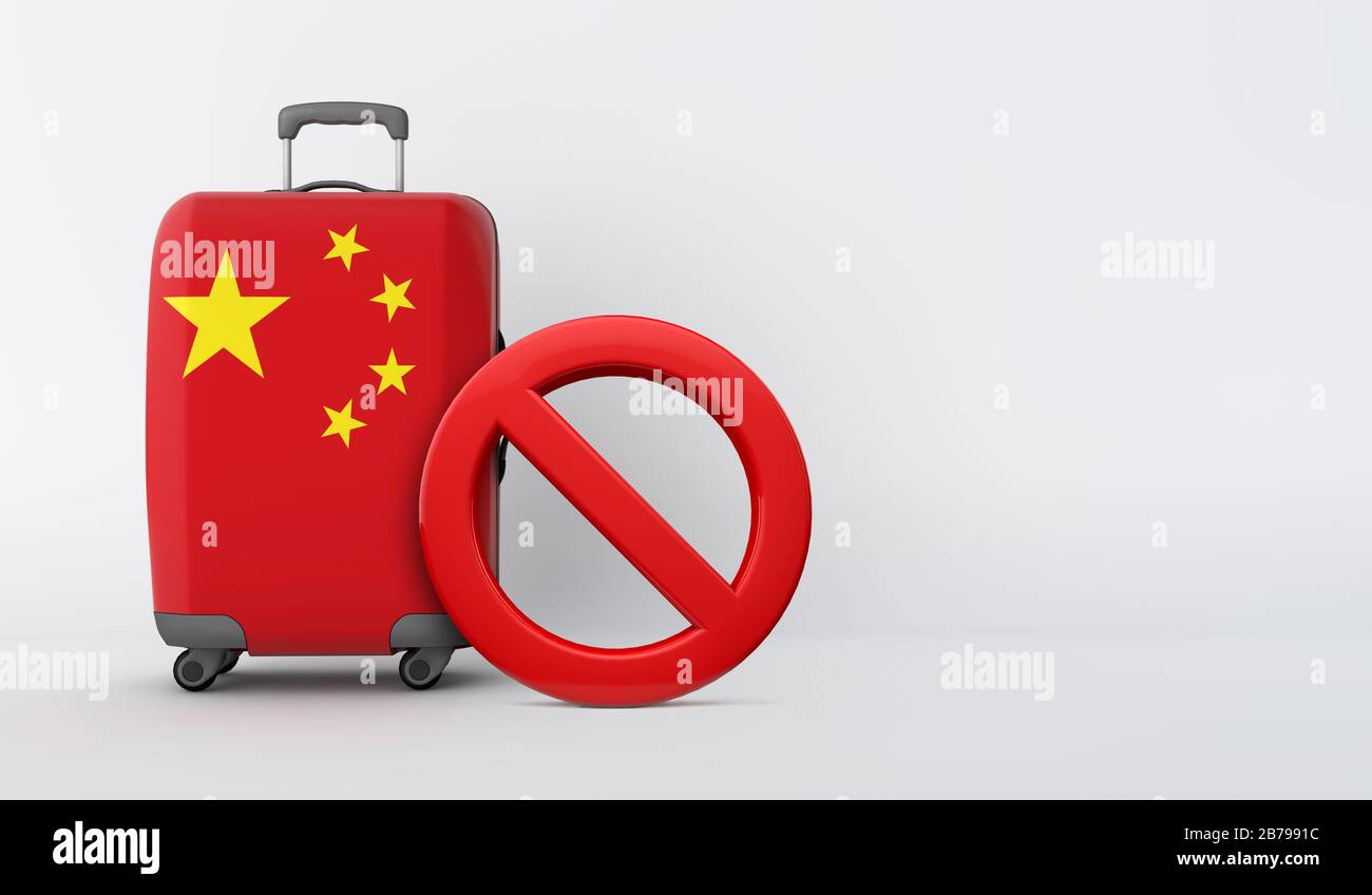 China flag suitcase with no entry sign. Travel ban concept. 3D Render ...