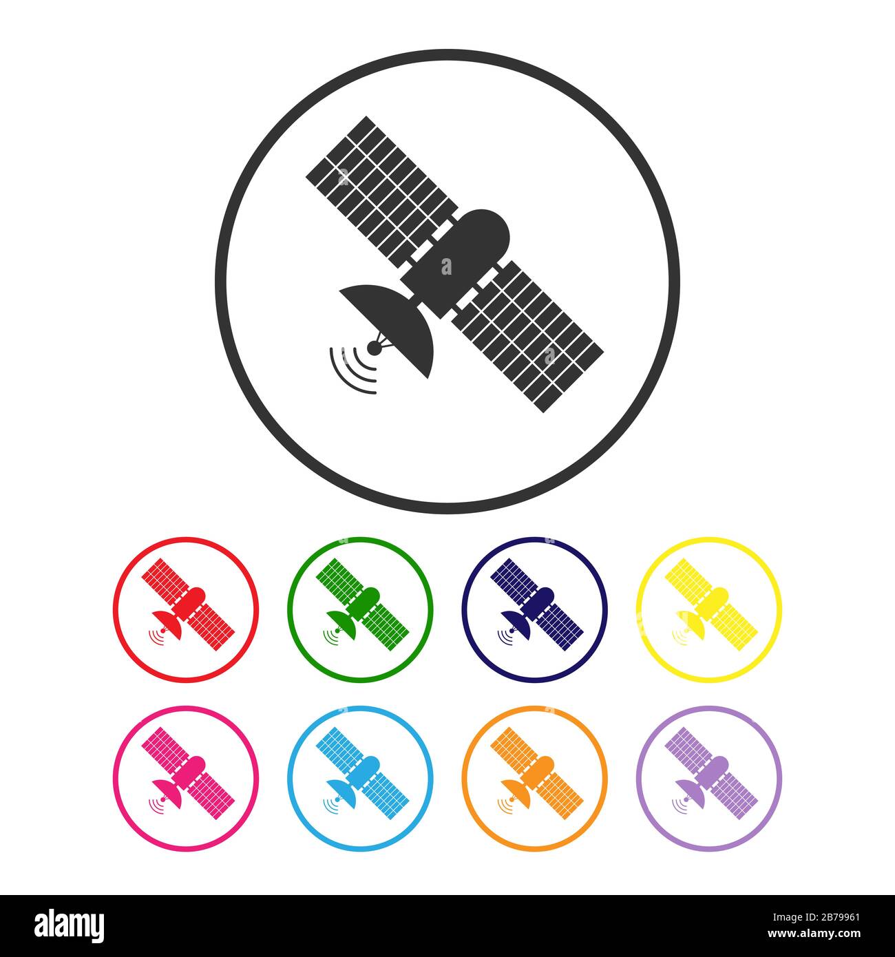 set of satellite Icons with an antenna and solar panels. Simple flat ...