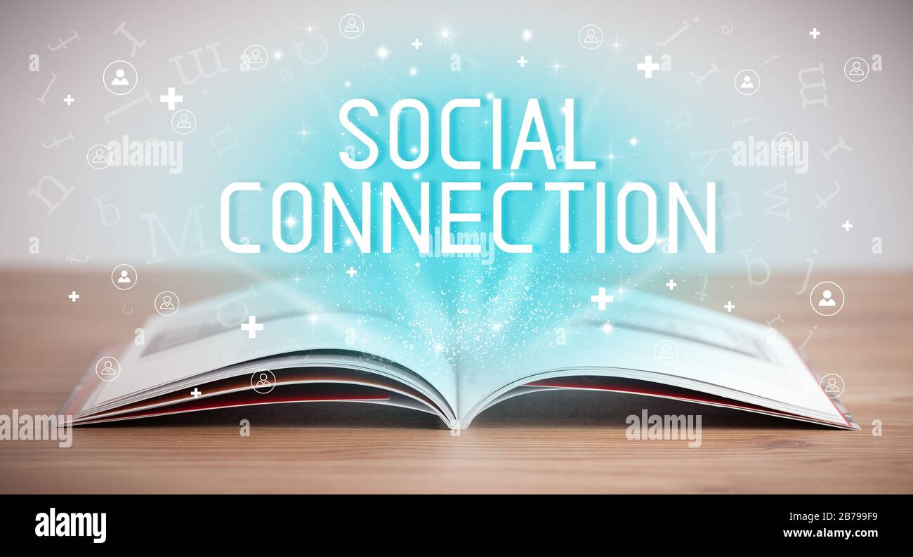 Open book with SOCIAL CONNECTION inscription, social media concept ...