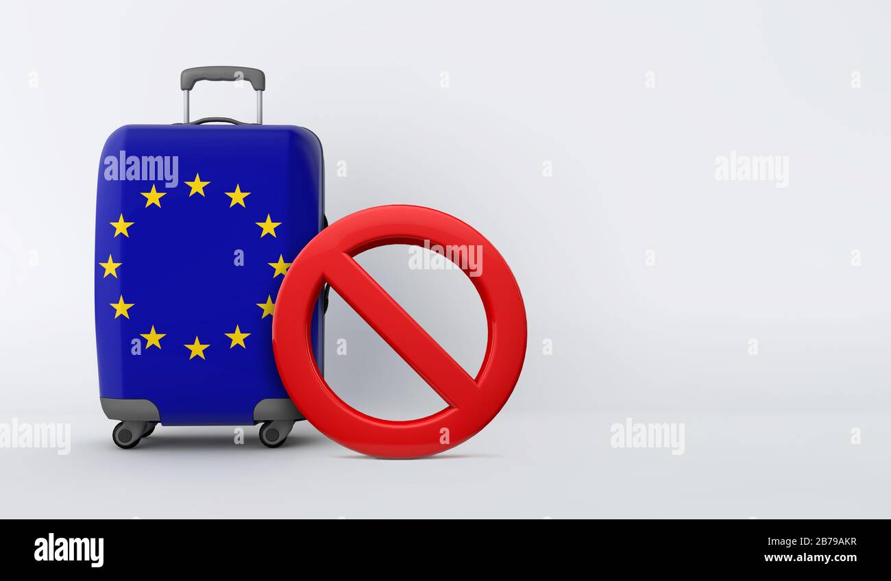 European Union flag suitcase with no entry sign. Travel ban concept. 3D ...