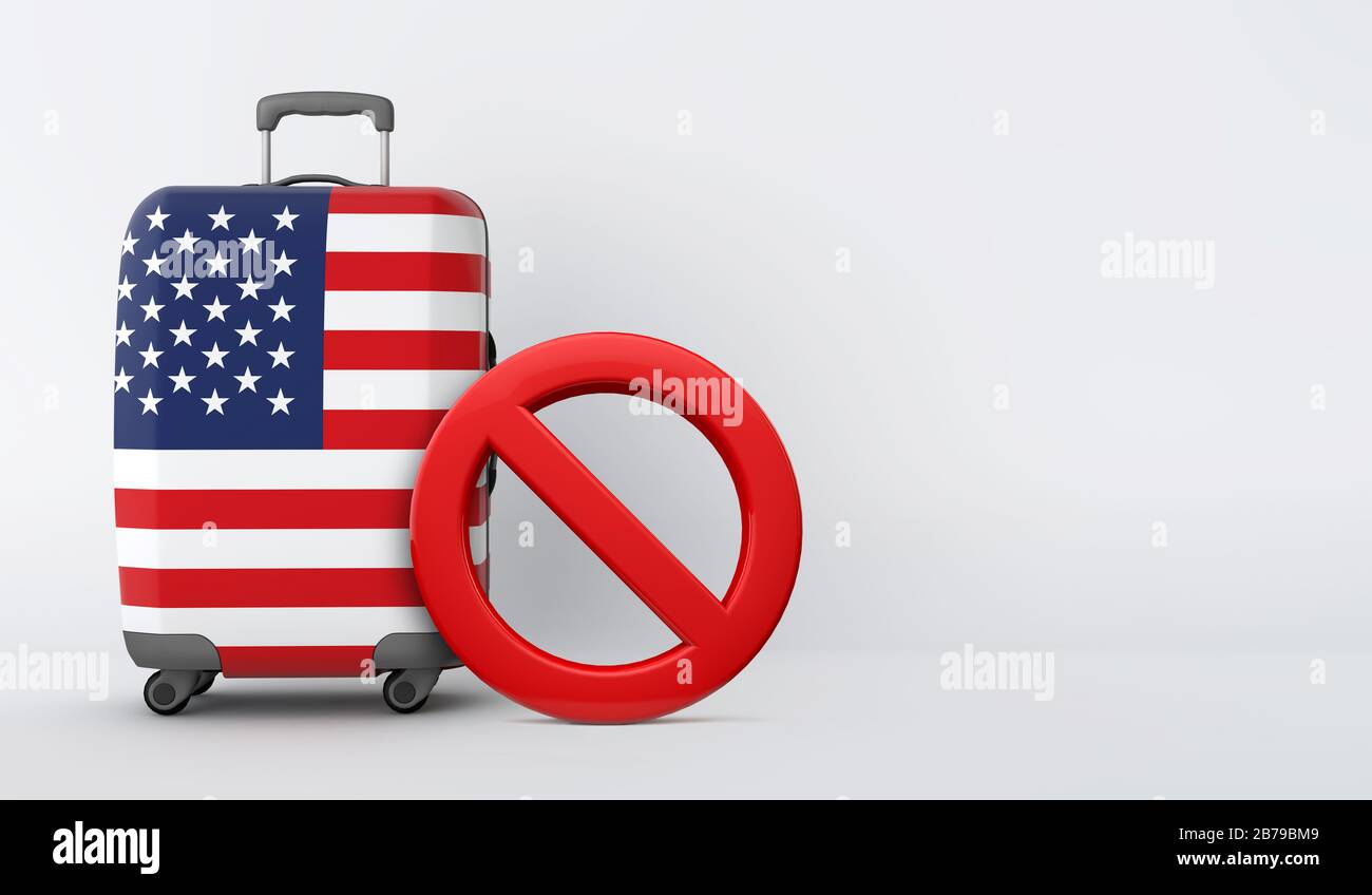 USA flag suitcase with no entry sign. Travel ban concept. 3D Render ...