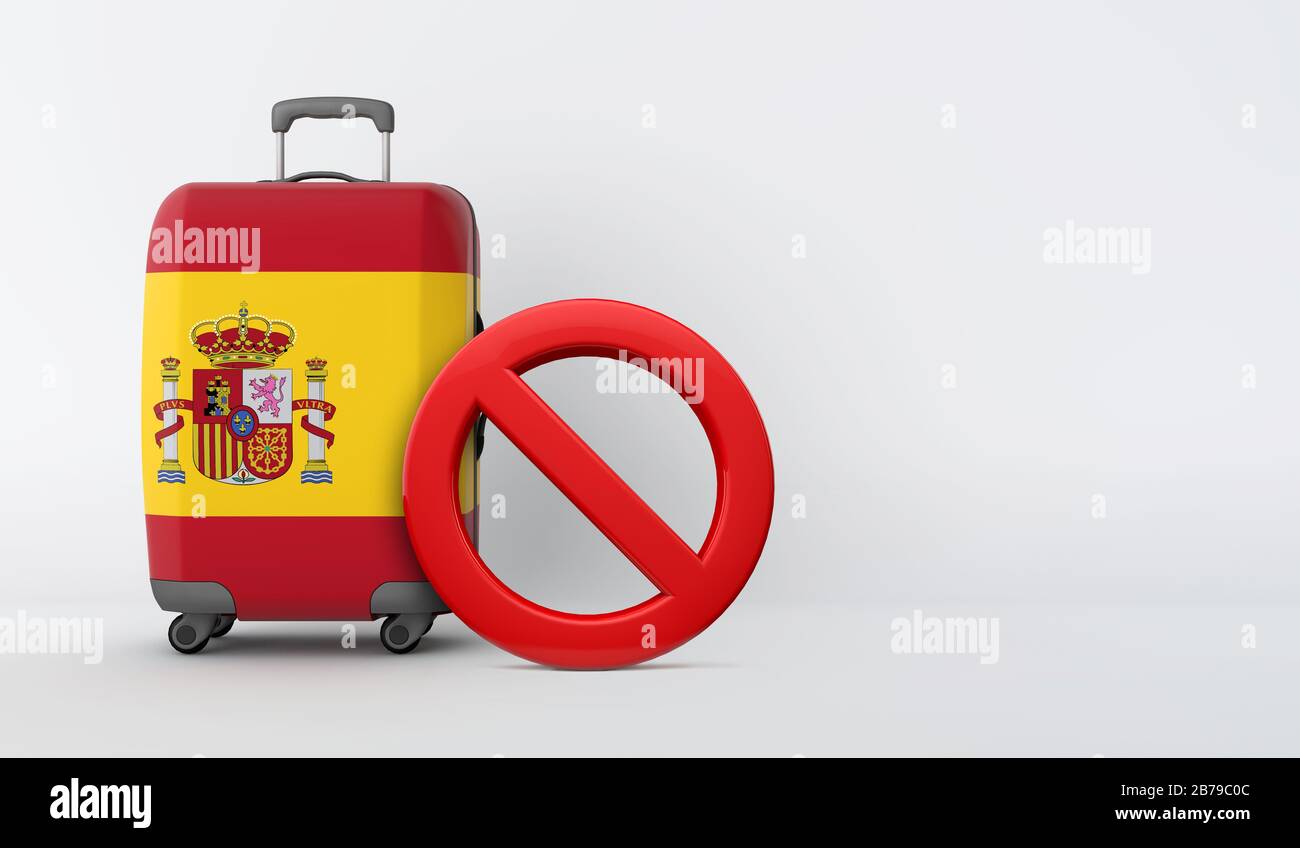 Spain flag suitcase with no entry sign. Travel ban concept. 3D Render ...