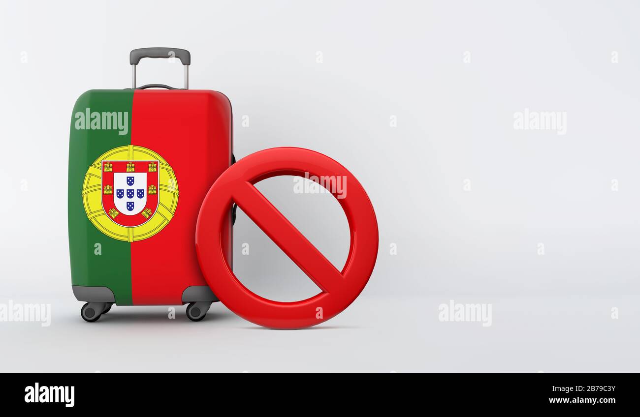 Portugal flag suitcase with no entry sign. Travel ban concept. 3D ...