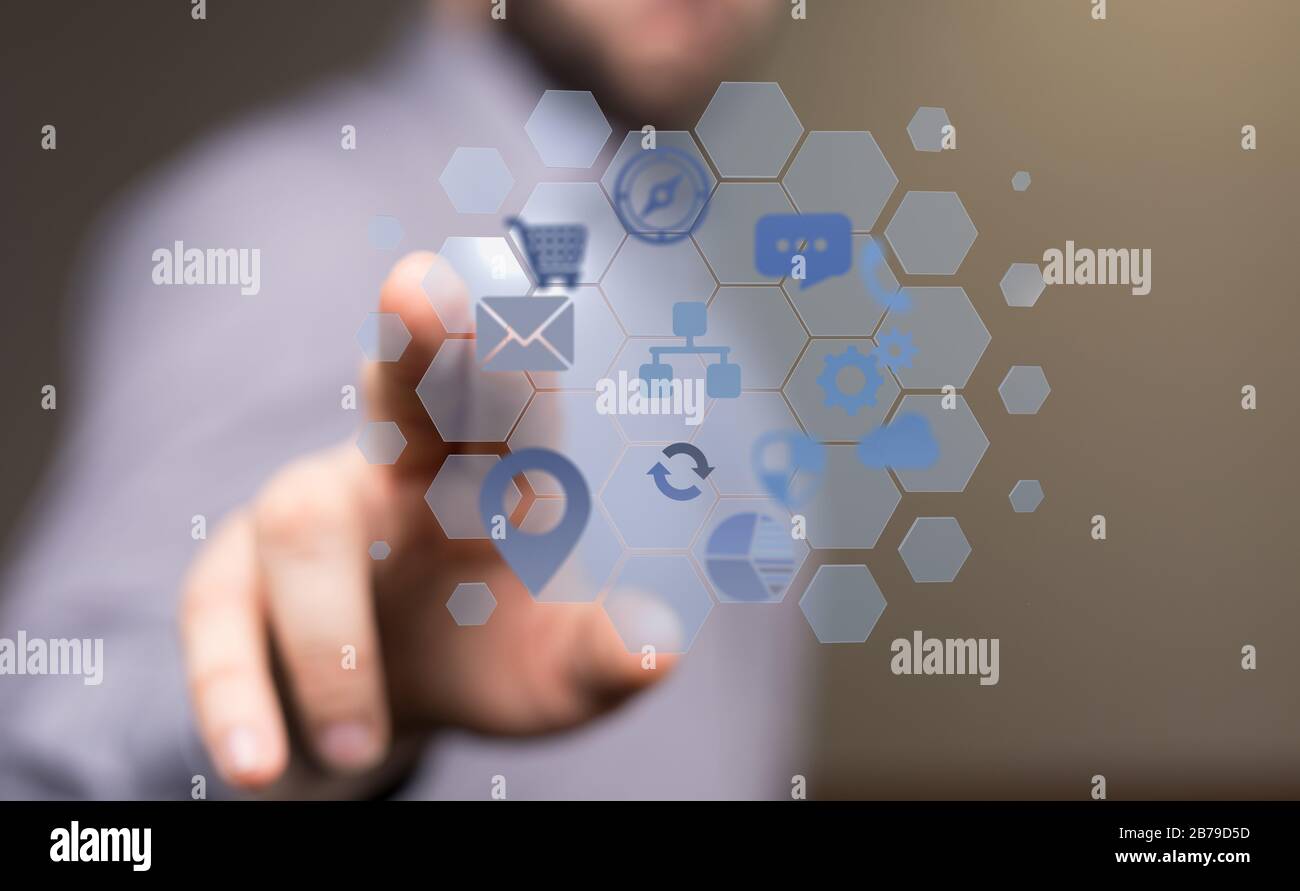 FTP concept. Man clicking on virtual buttons depicting business and ...