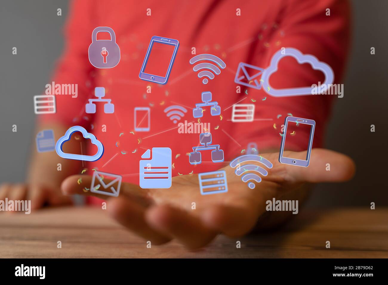 FTP concept. Man holding virtual infographics depicting cloud data and ... FTP concept. Man holding virtual infographics depicting cloud data and ...