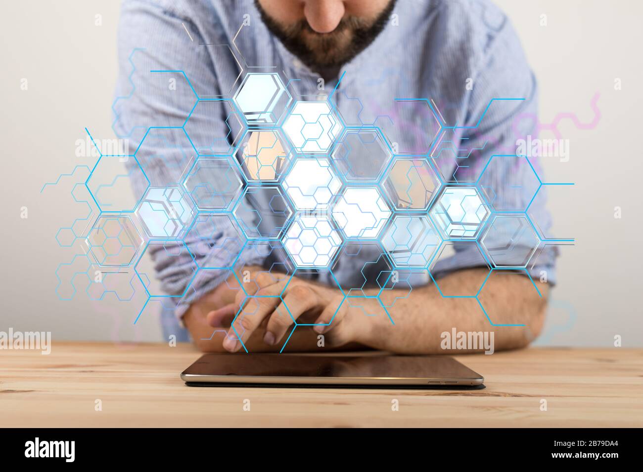 Internet network concept. Man projecting virtual net graphics depicting ...