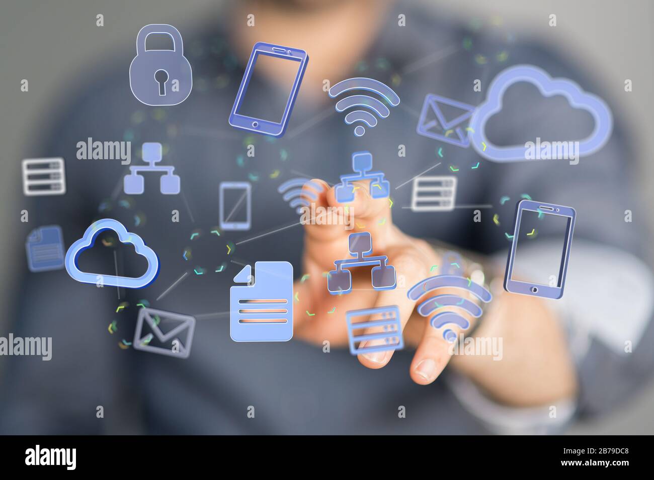 Cloud security concept. Man clicking virtual infographics depicting ... Cloud security concept. Man clicking virtual infographics depicting ...