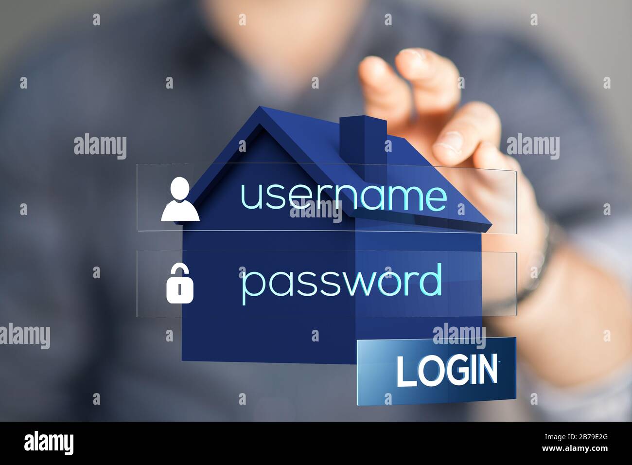 Home security. Man holding futuristic interface for login information ...