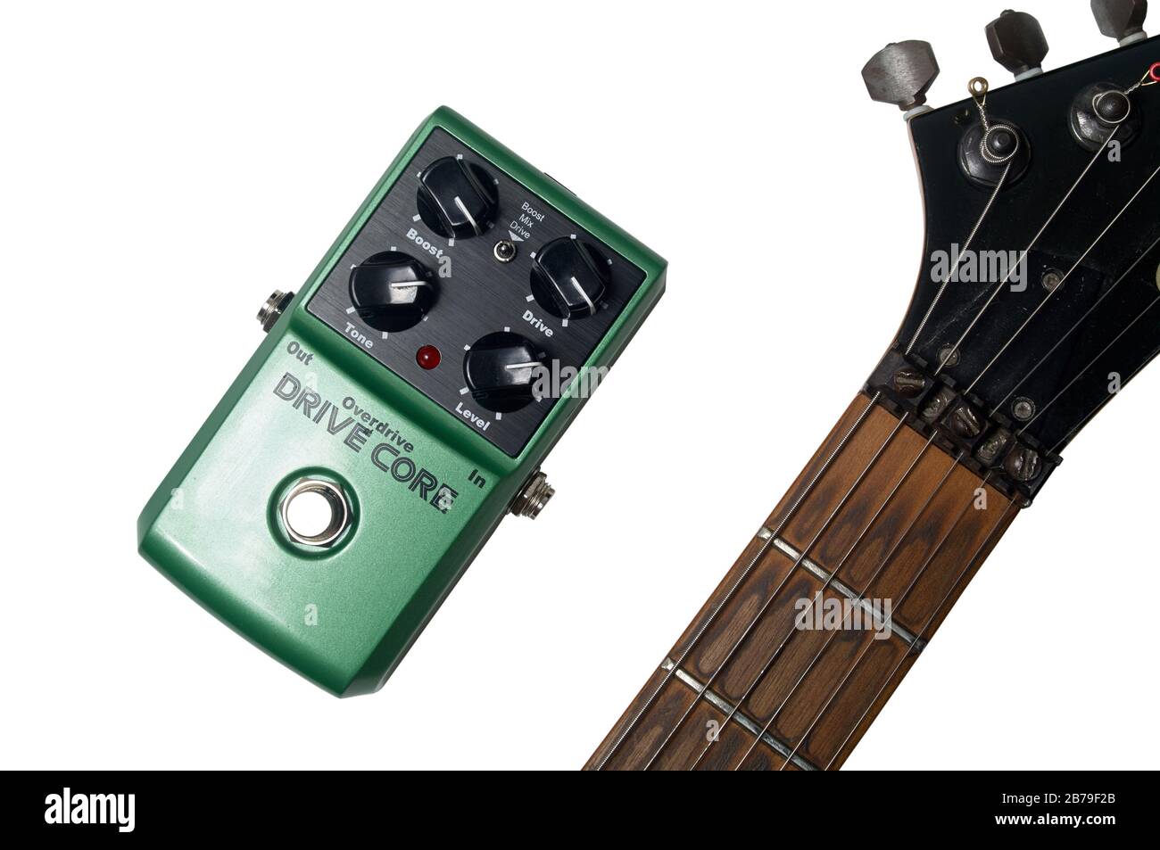 Musical equipment. Electric guitar neck and guitar effect pedal ...