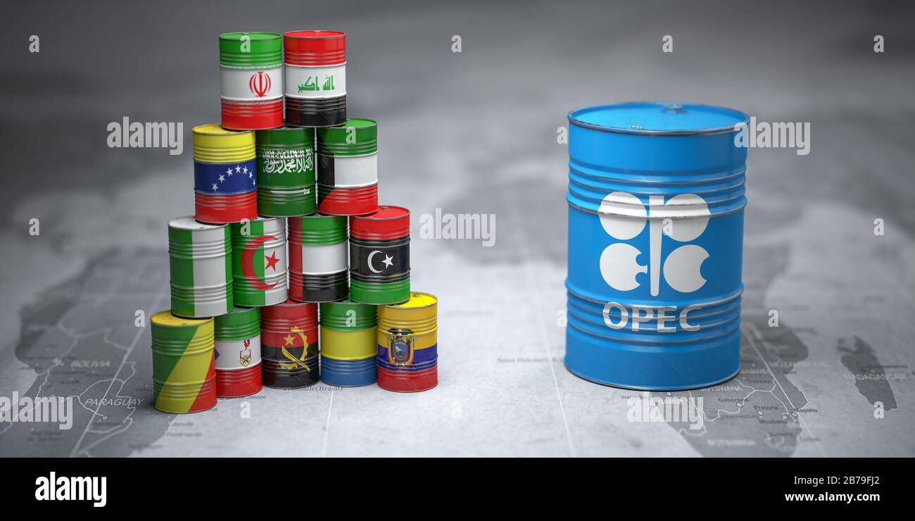 OPEC. Oil barrels in color of flags of countries memebers of OPEC on ...