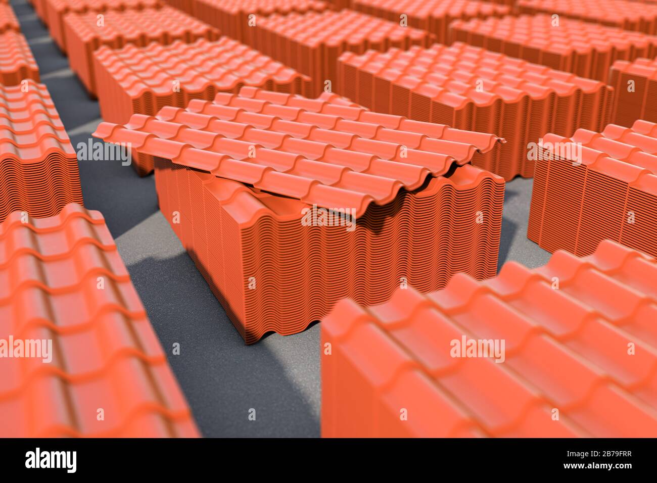 Stacks of red metal tile sheets in the warehouse for roof construction ...