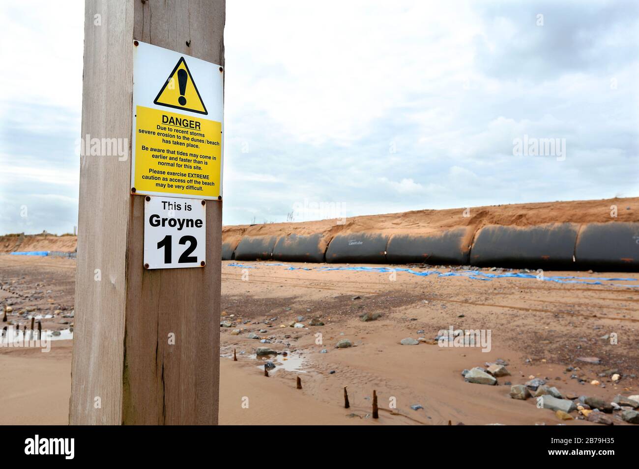 Coastal erosion caused by recent storms to the beach at Dawlish Warren ...