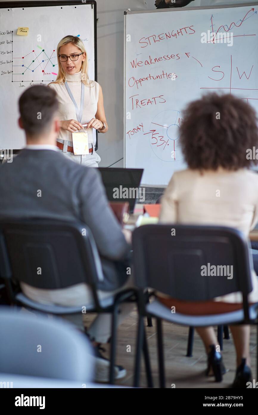 Young business woman explaining analysis at the meeting startup work ...