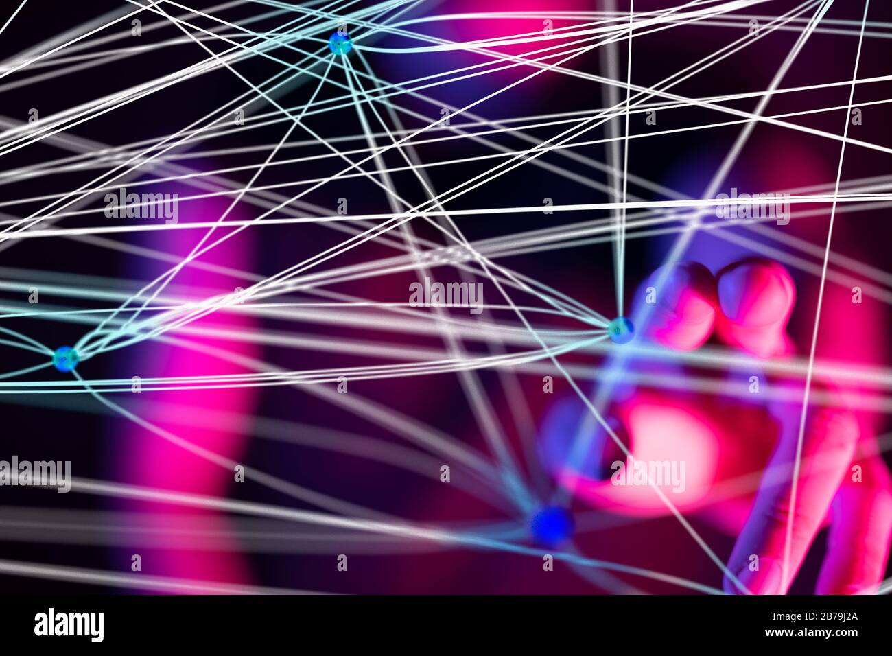 Man clicking on virtual connected lines depicting global connectivity ...