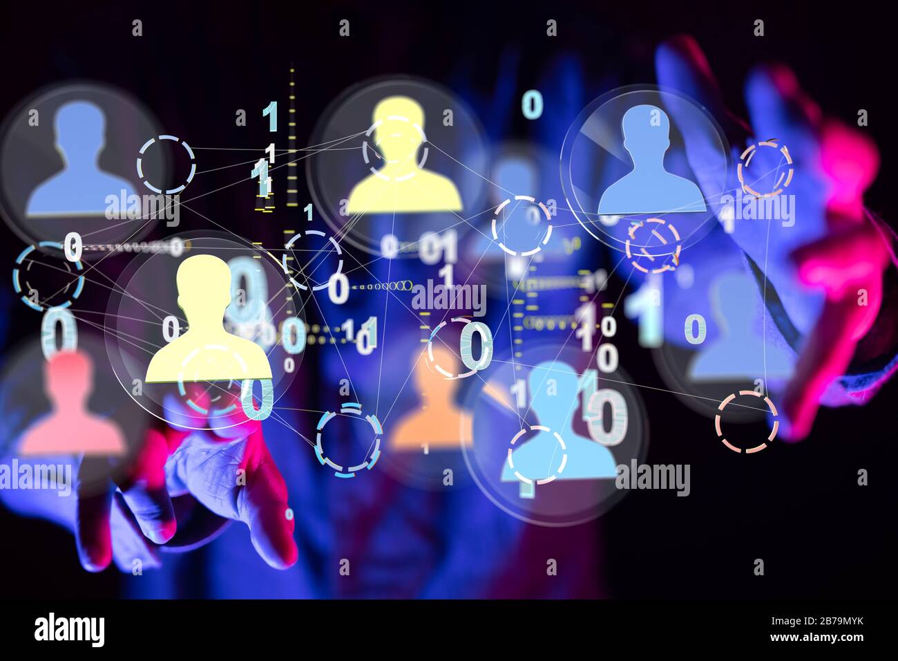 Social Network concept with binary code. Man with futuristic interface ...