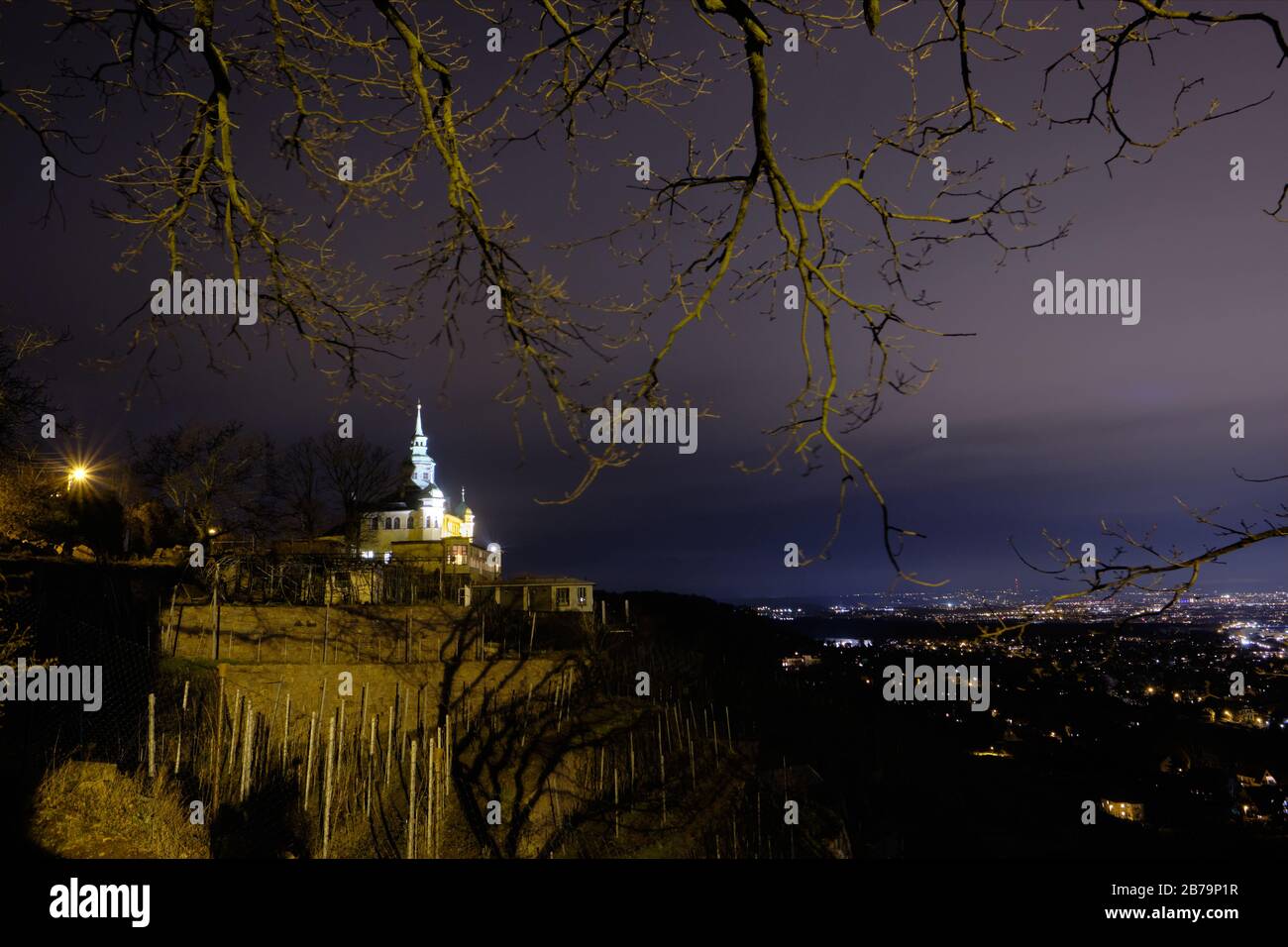 Illuminated Spitzhaus palace in Radebeul by night, Saxony, Germany ...