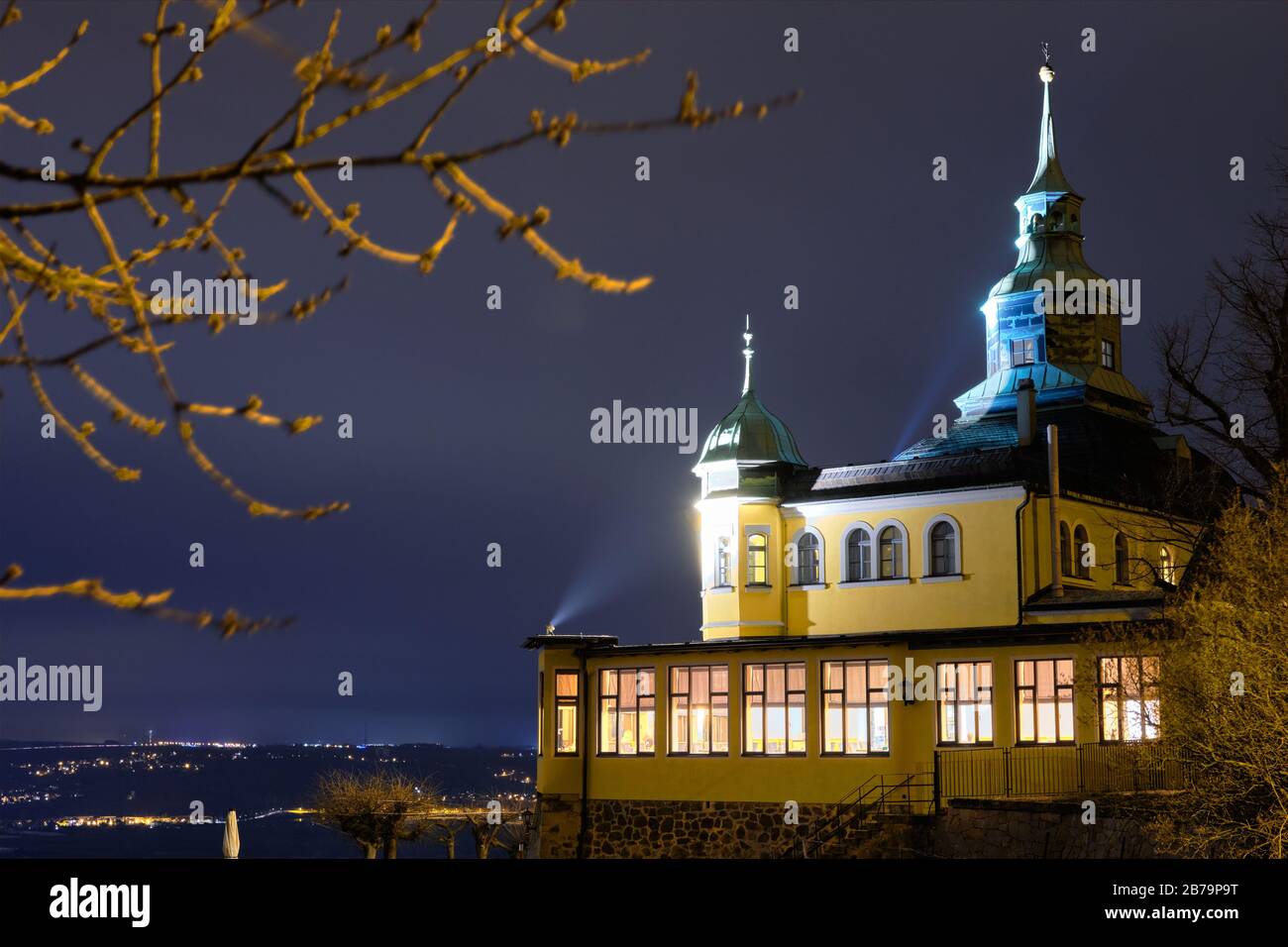 Illuminated Spitzhaus palace in Radebeul by night, Saxony, Germany ...