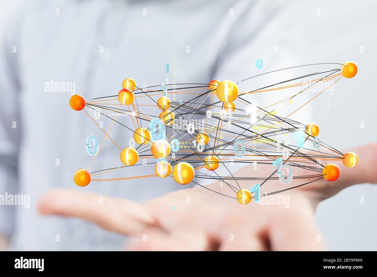 Man holding a futuristic interface depicting global connectivity, data ...