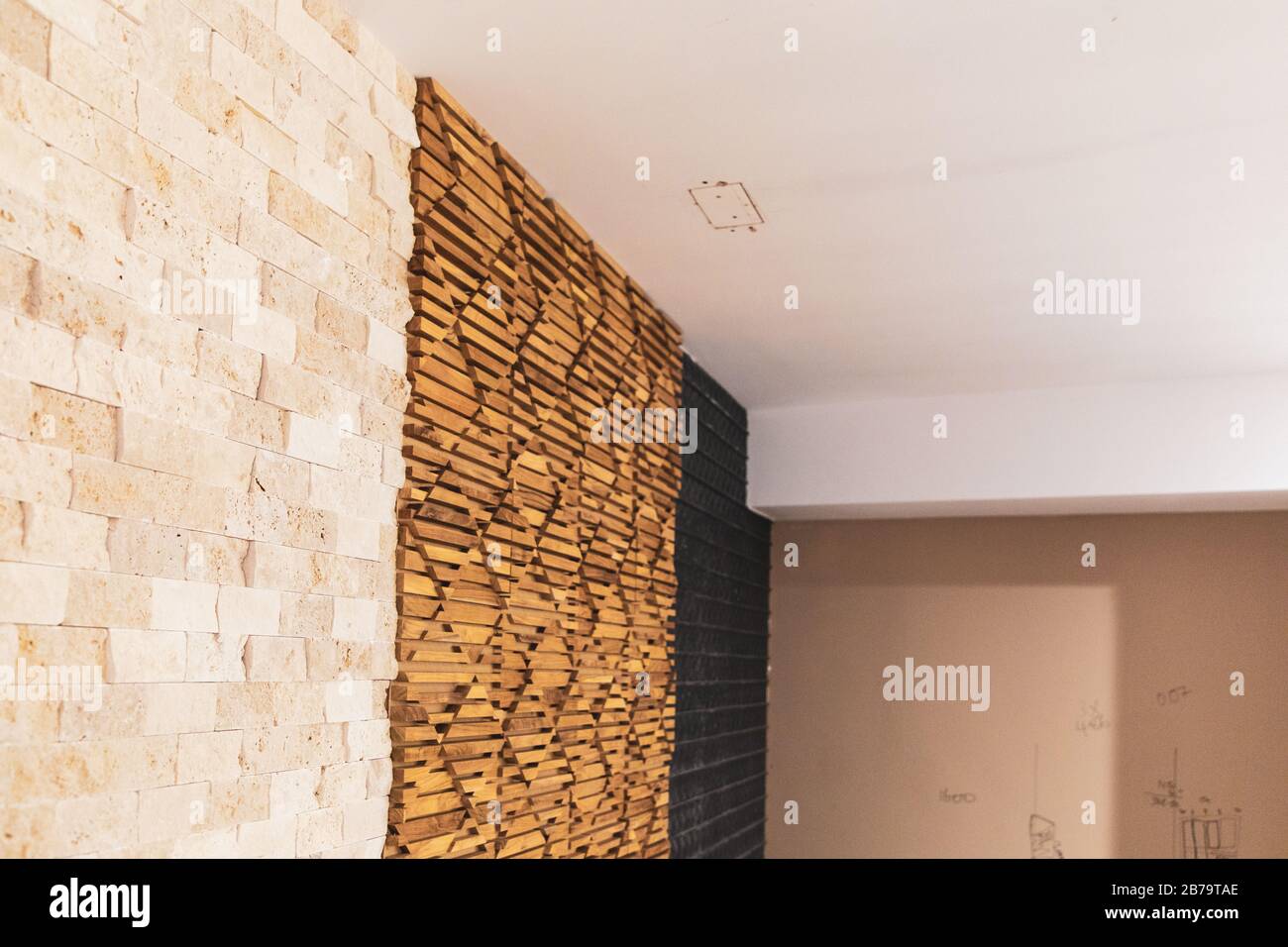 House interior with a brown and white wall with interesting textures ...