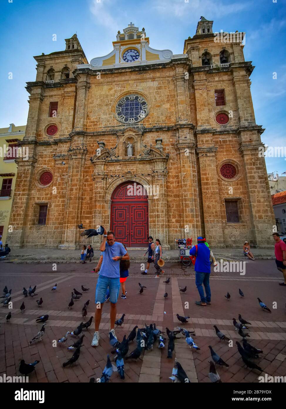 CARTAGENA, COLOMBIA - NOVEMBER 09, 2019: Colorful buildings in a street ...