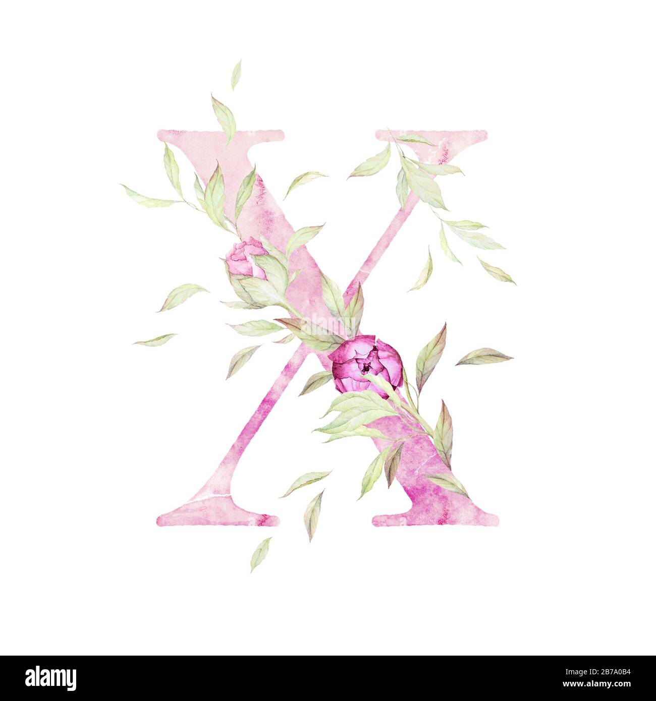 Big Letter X. Alphabet. Light Pink. Floral decor. Watercolor. White ...