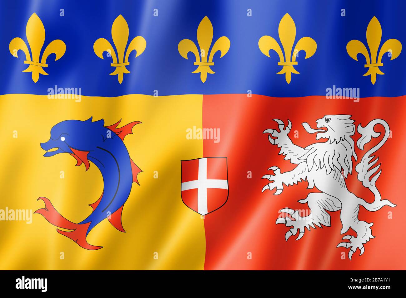 Rhone-Alpes Region flag, France waving banner collection. 3D ...