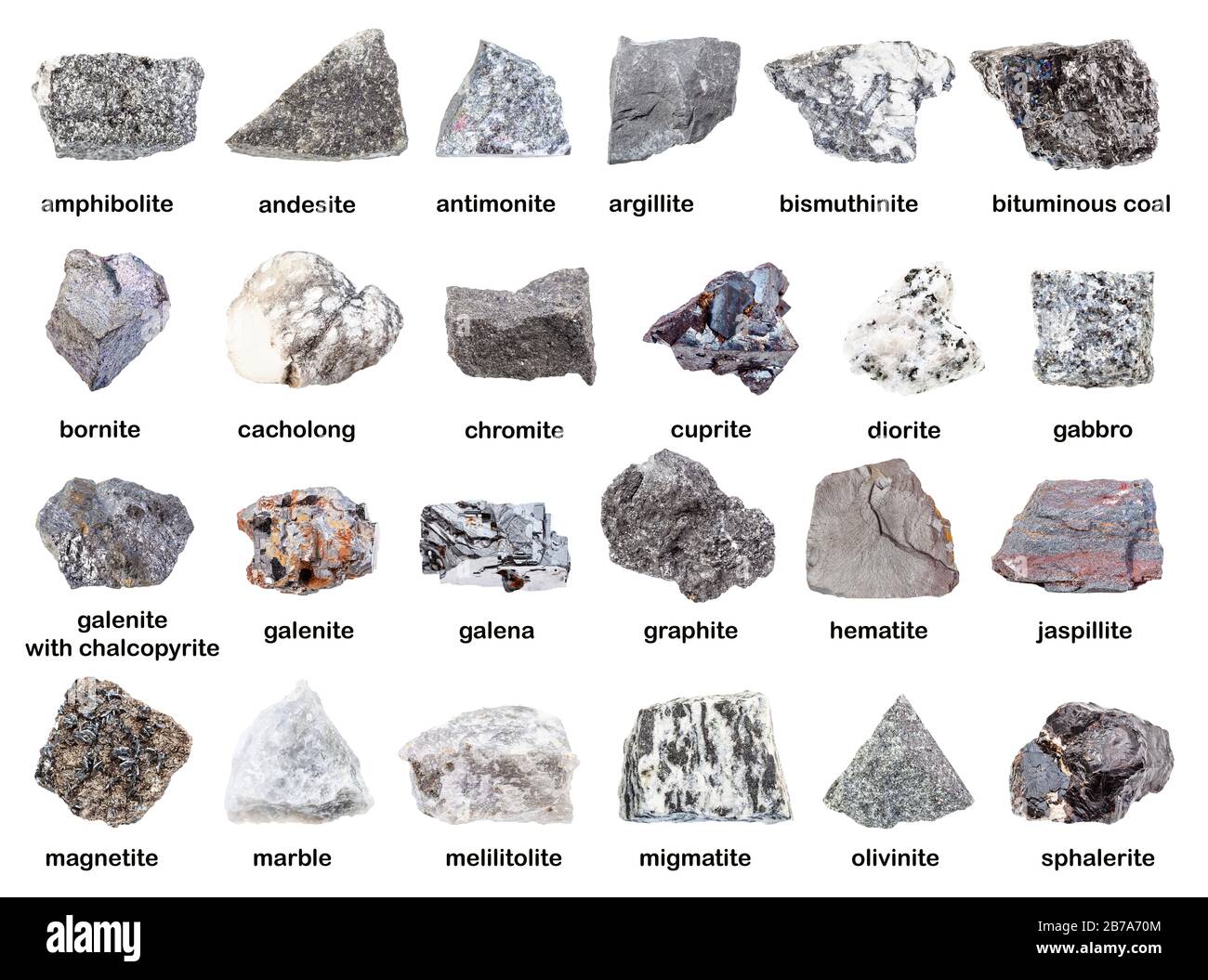 set of various gray unpolished rocks with names (antimonite, chromite ...