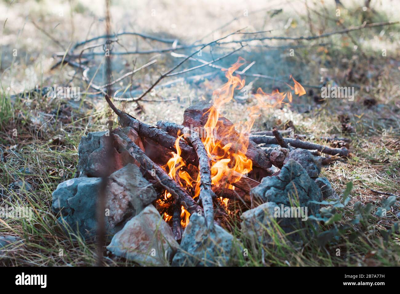 fire burning in a improvised fire pit in nature Stock Photo - Alamy