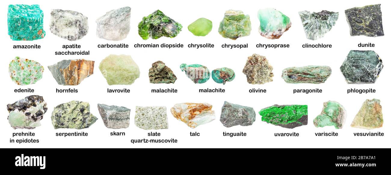 set of various green unpolished minerals with names (clinochlore ...