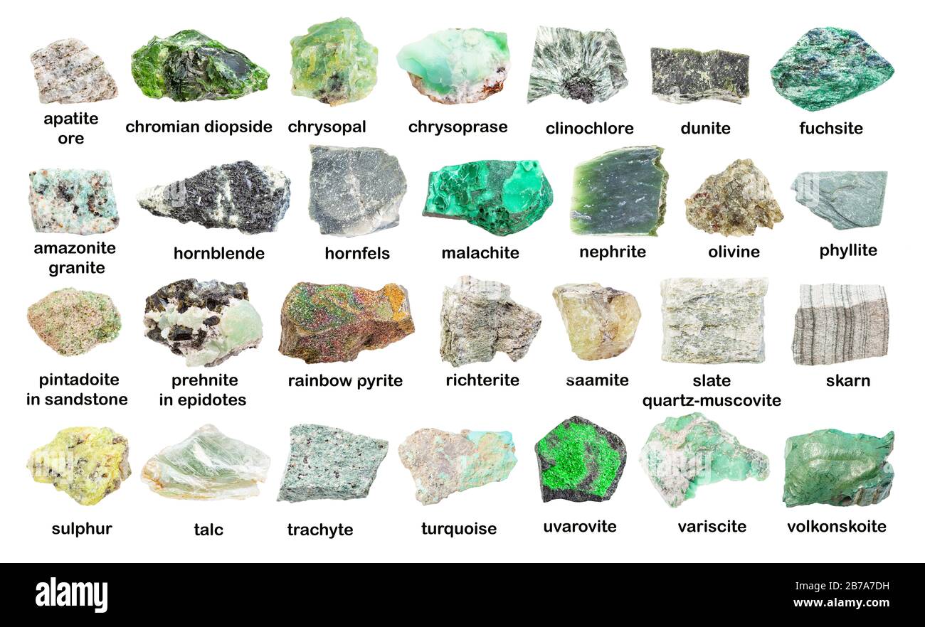 set of various green unpolished stones with names (variscite, turquoise ...