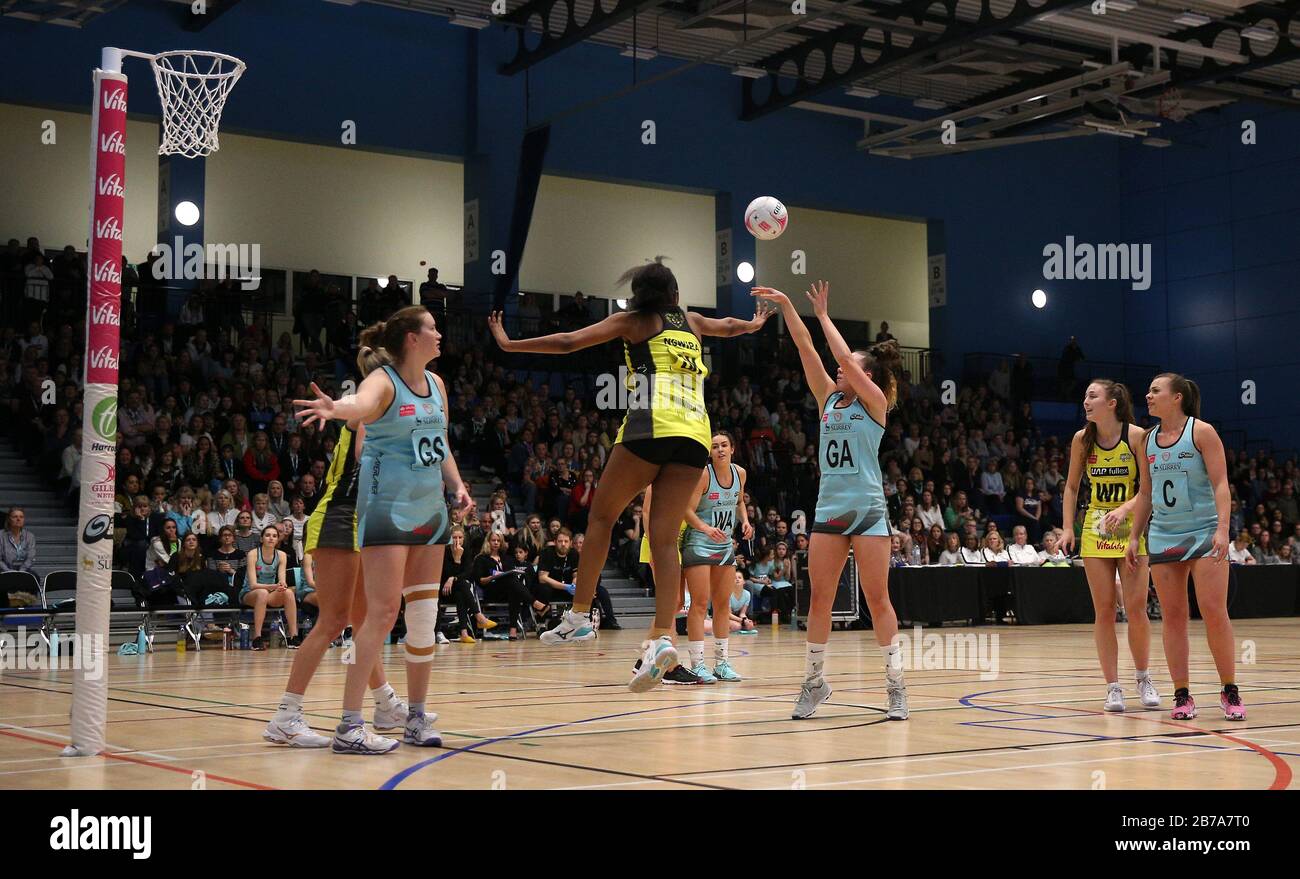 Surrey Storm's Sophie Hankin shoots towards the net during the Vitality ...