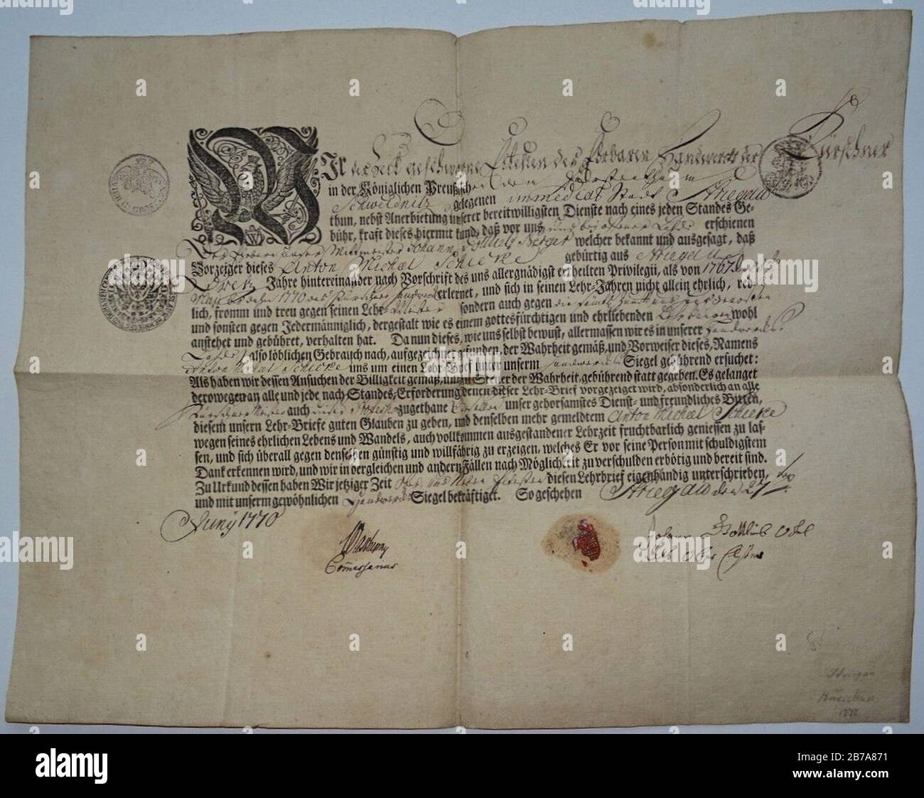 Gesellenbrief eines Kürschners, Schweinitz in Preußen 1770 Stock Photo ...