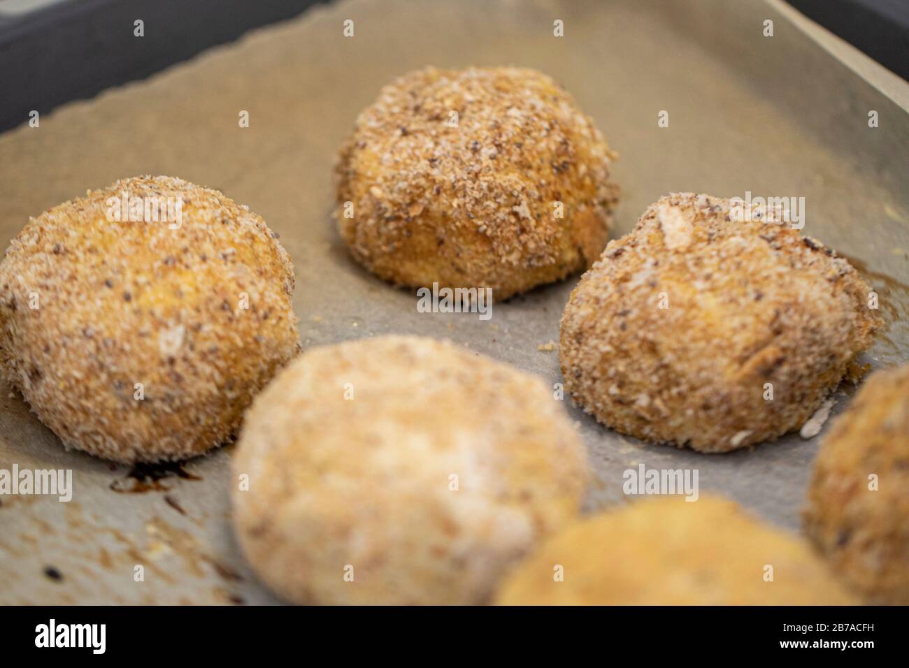 Messy dirty bread preparing and baking process with tools pots and mess ...