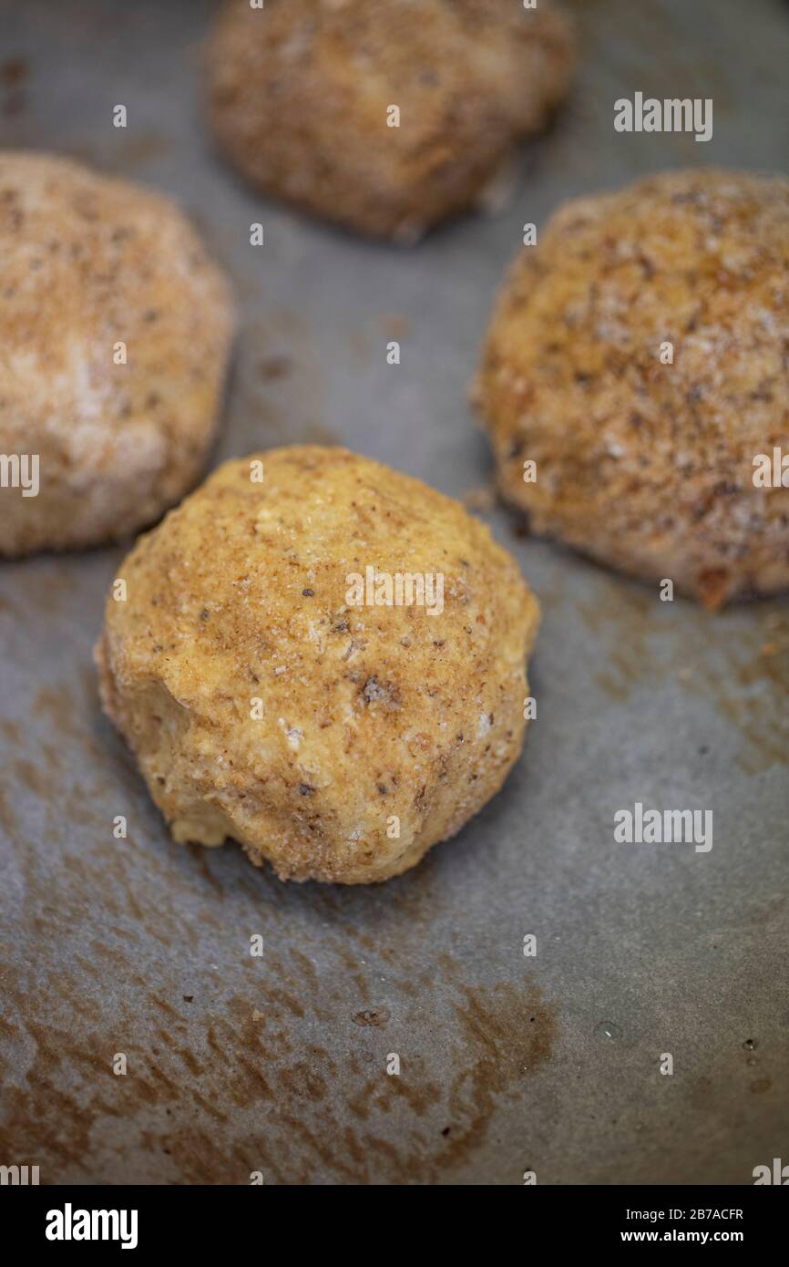 Messy dirty bread preparing and baking process with tools pots and mess ...