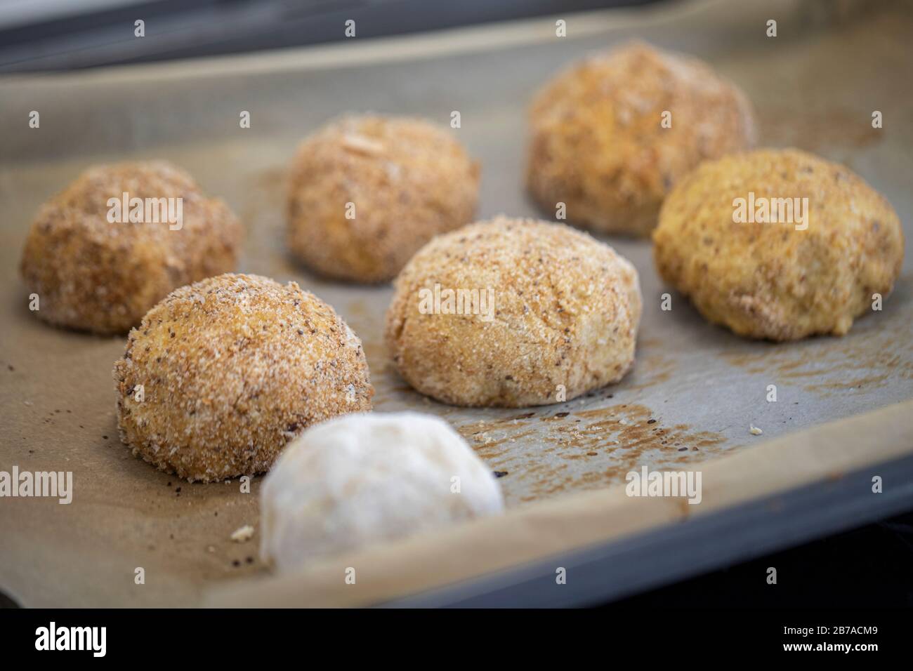 Messy dirty bread preparing and baking process with tools pots and mess ...